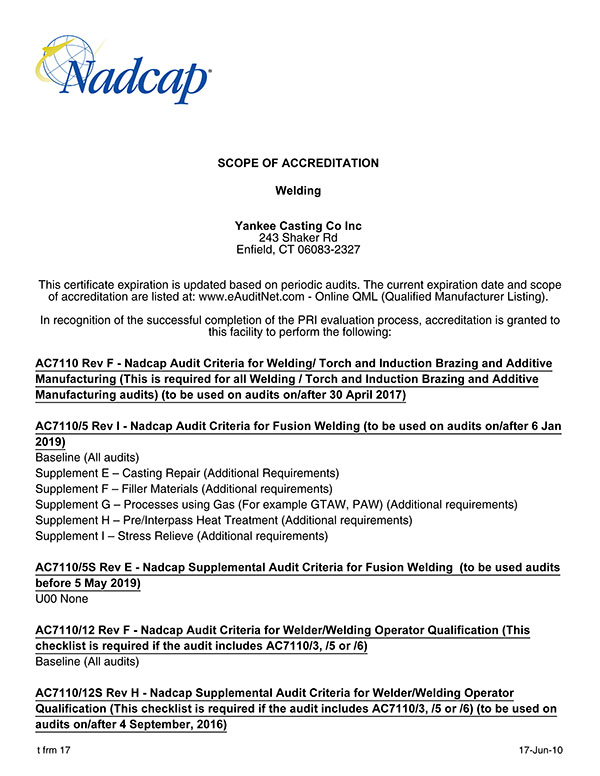 Yankee Casting - Nadcap Certification